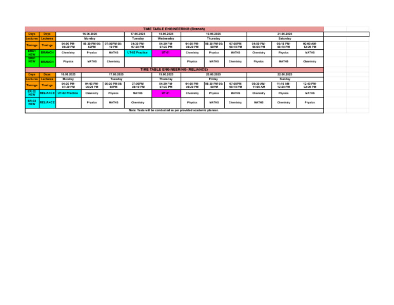 Time Table 16 Jun To 22 Jun 2025 - 16 June To 22 June | PDF