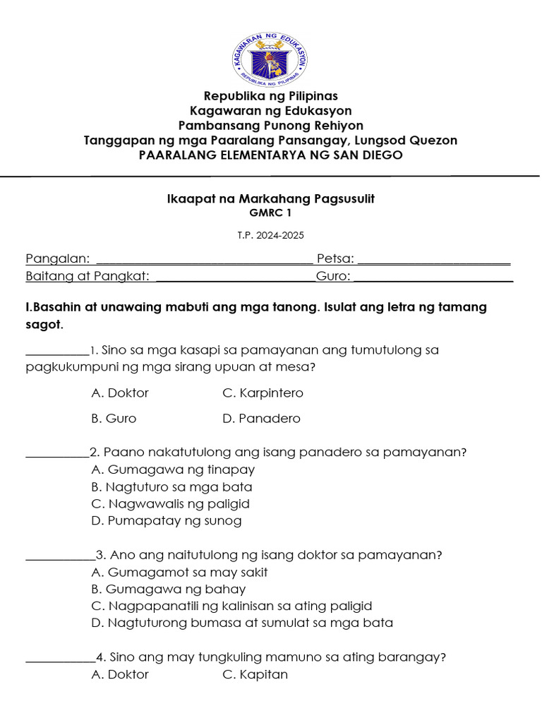 Fourth Periodical Test GMRC Q4 | PDF