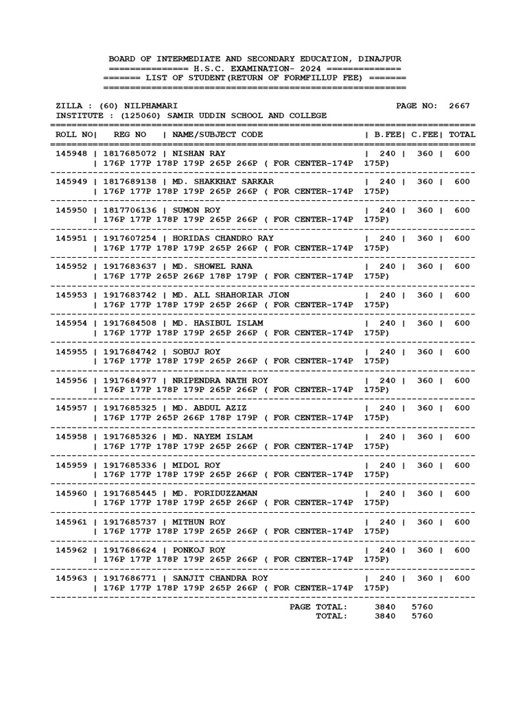 HSC Exam 2024 Student Fee List | PDF | Secondary Education | Qualifications