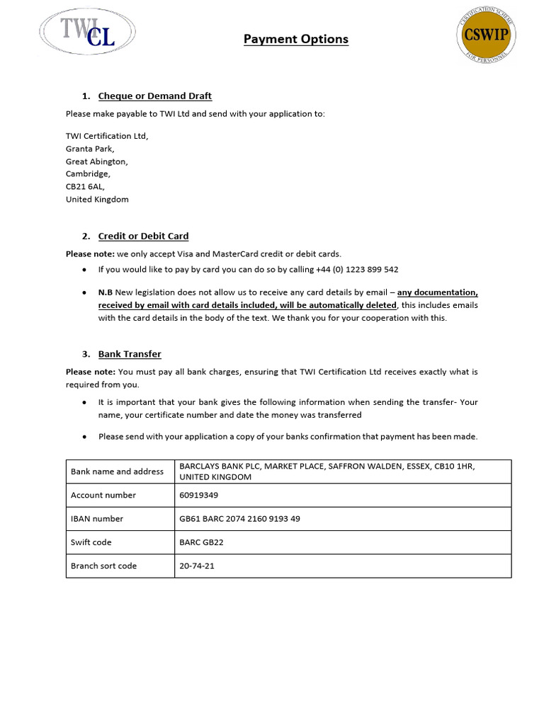 Payment Methods for TWI Certification | PDF