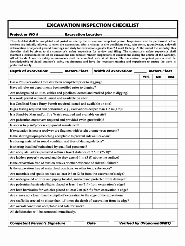 Daily Excavation Checklist | PDF
