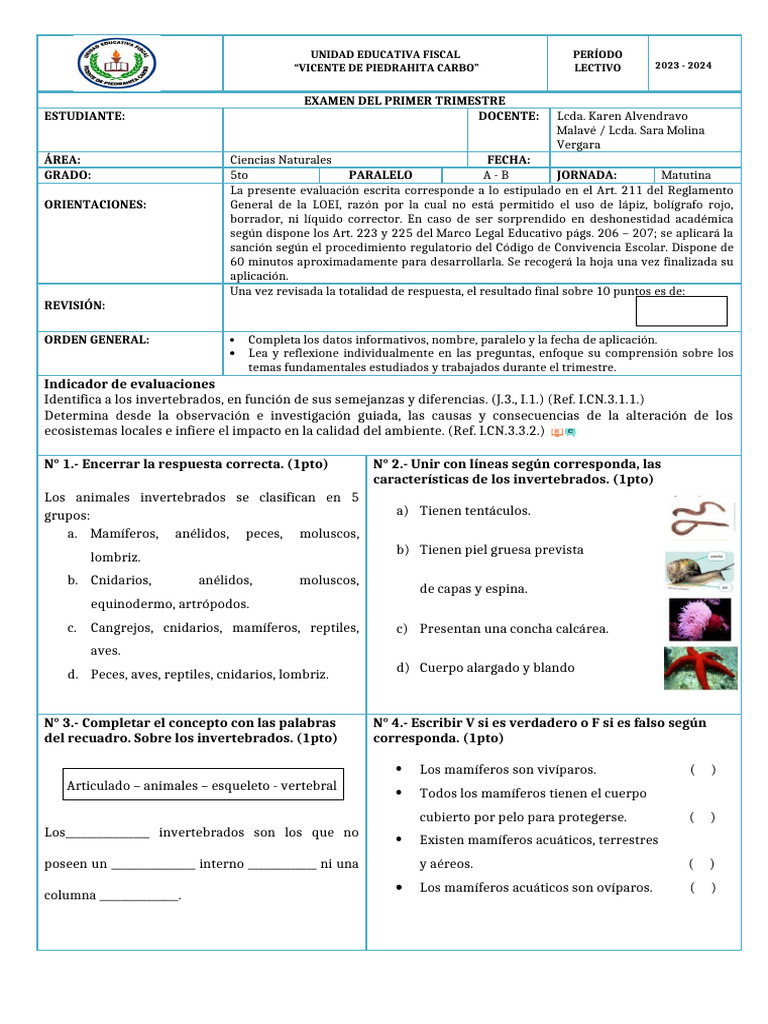 Examen 5to Año 2023 CCNN y Eess | PDF | Ecuador | Mamíferos