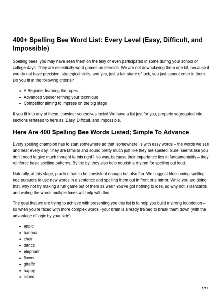 400+ Spelling Bee Words by Level | PDF