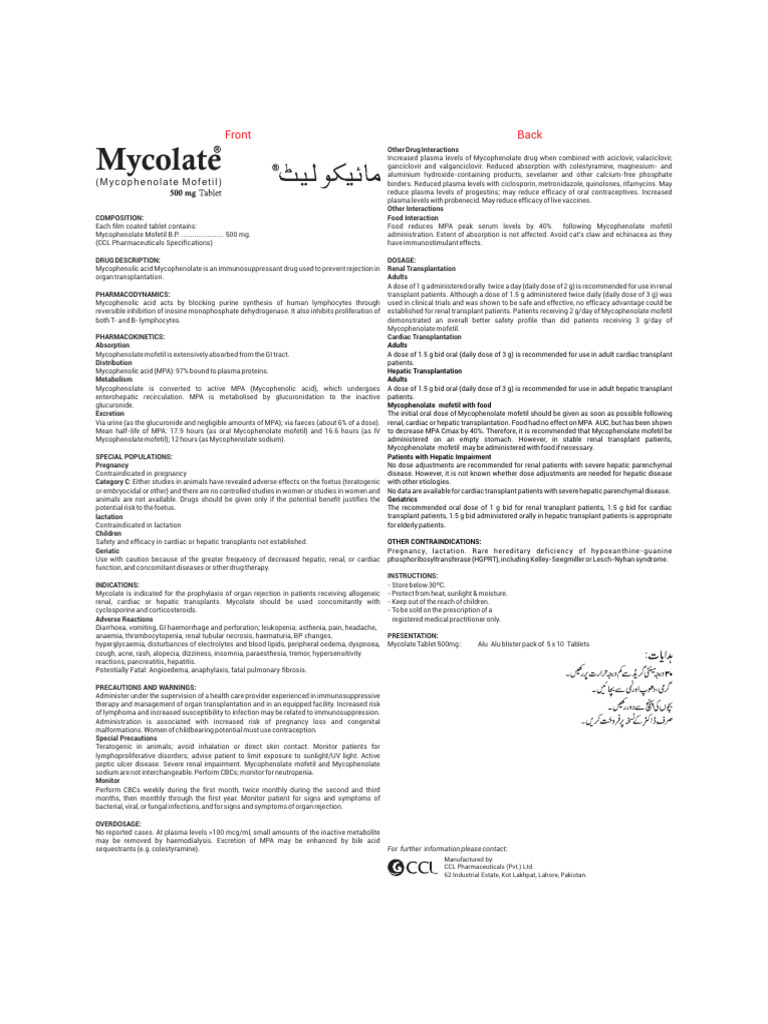 Leaflet Mycolate Tablet 500mg | PDF | Dose (Biochemistry) | Chemistry