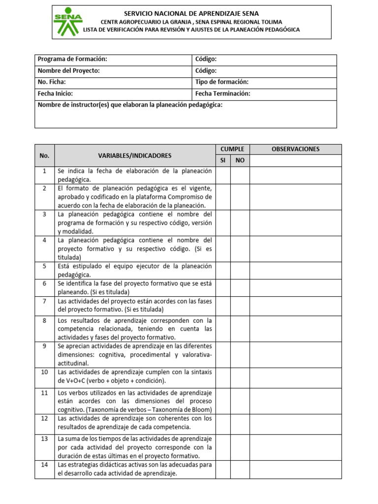 Lista de Verificación Planeación Pedagógica | PDF | Aprendizaje