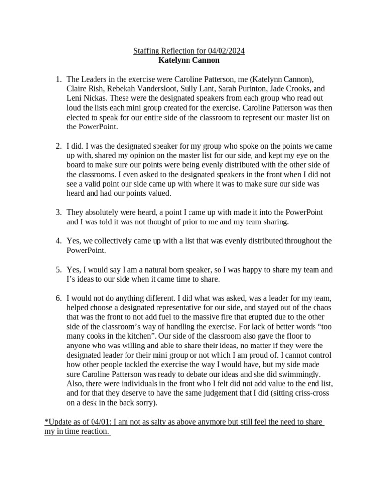 Staffing Reflection For 04:01 | PDF