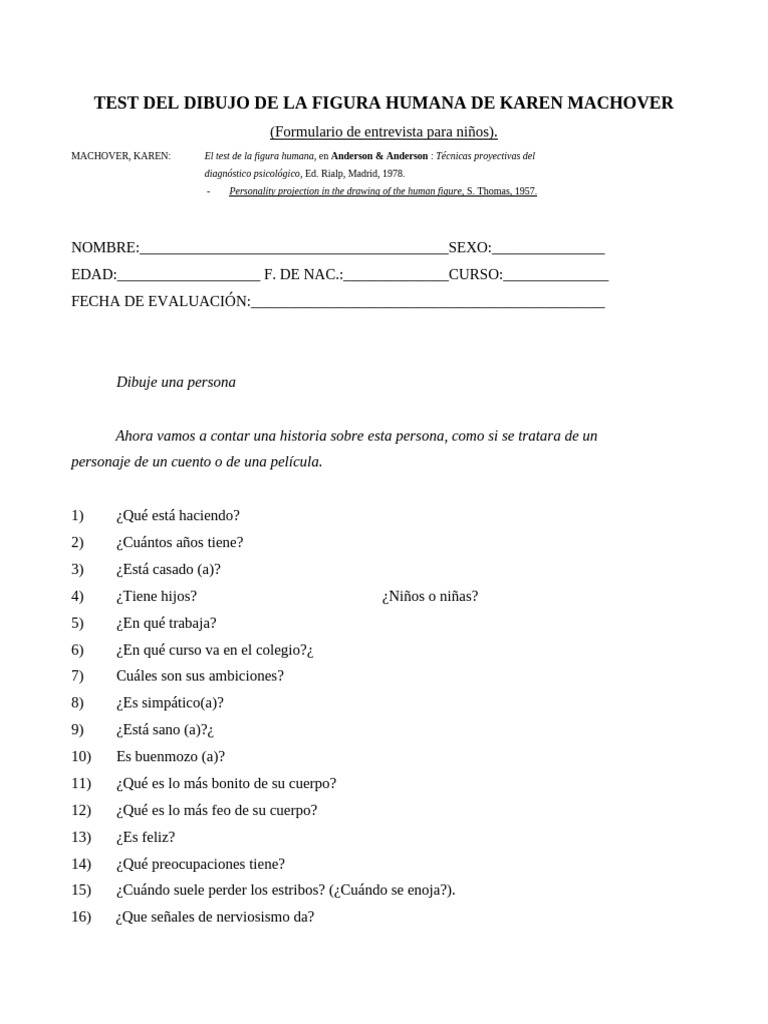 Formulario de Entrevista para Niños TEST DE LA FIGURA HUMANA ...