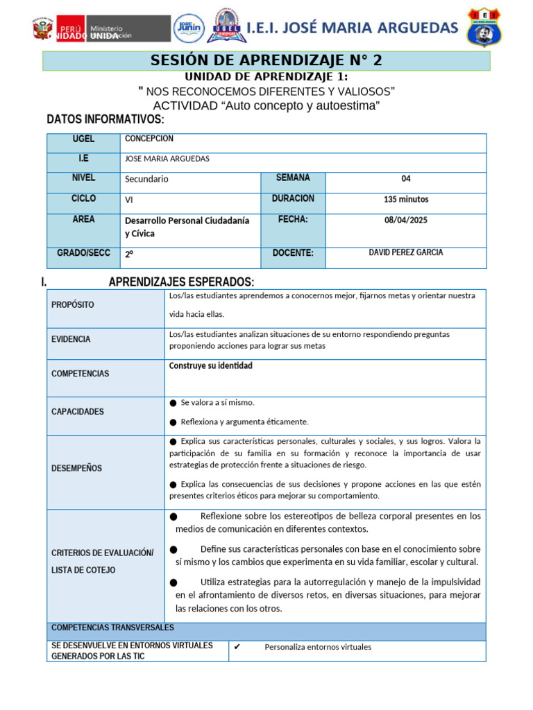 01. SESIÓN 2 (U1) (2° grado) - DPCC JMA | PDF | Aprendizaje | Autoestima