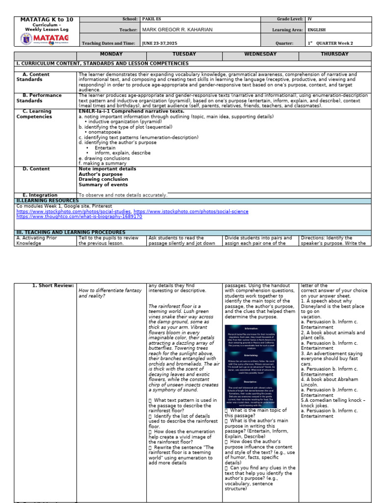 DLL - English 4 - q1 w2 Final | PDF | Common Cold | Learning