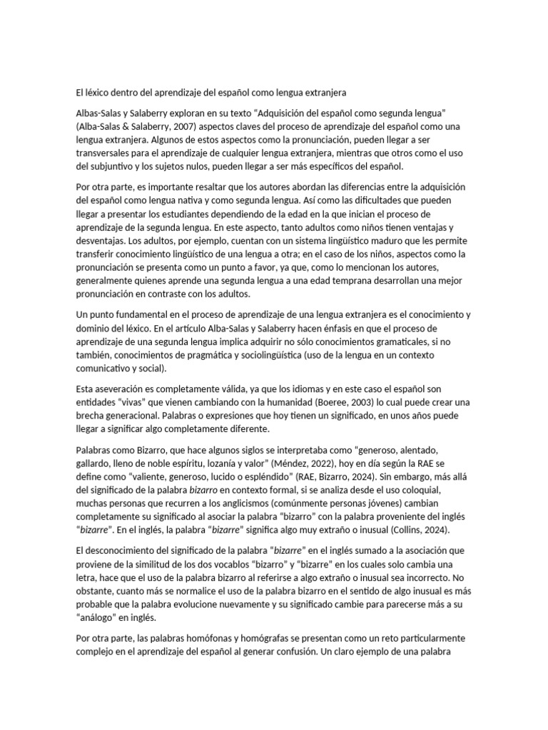 El Léxico Dentro Del Aprendizaje Del Español Como Lengua Extranjera ...