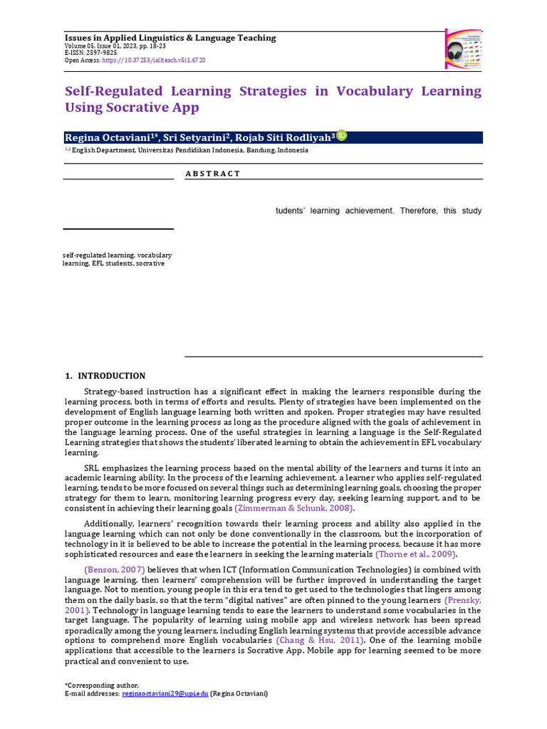 Self-Regulated Learning Strategies in Vocabulary Learning Using Socrative App | PDF | Learning ...