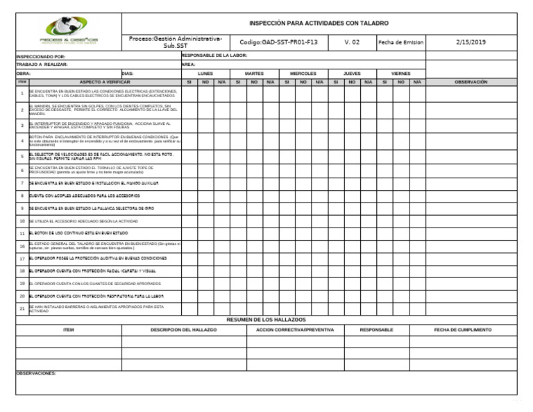 Gad SST Pr01 f13 Inspección Taladro. | PDF | Perforar | Bienes manufacturados