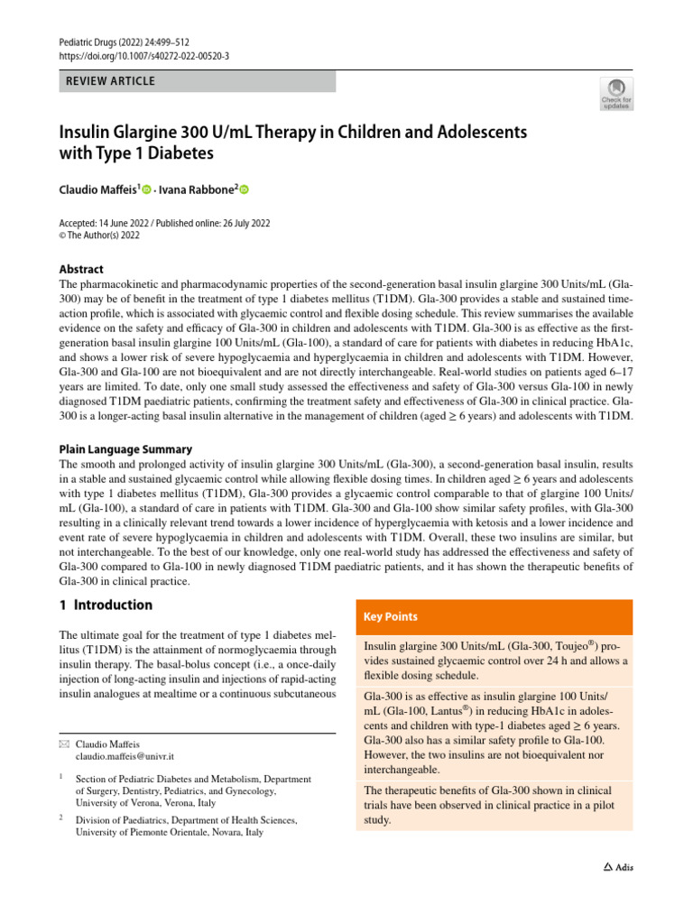 Insulin Glargine 300 U:ML Therapy in Children and Adolescents With Type ...