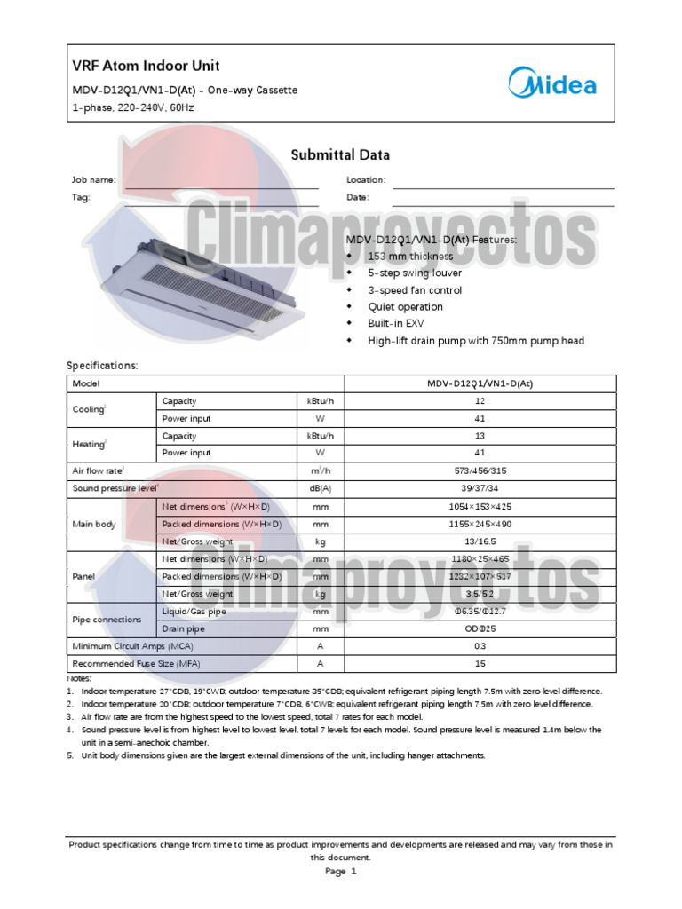 Submittal Data One Way Cassette MDV D12Q1VN1 DAt | PDF | Pipe (Fluid Conveyance) | Temperature