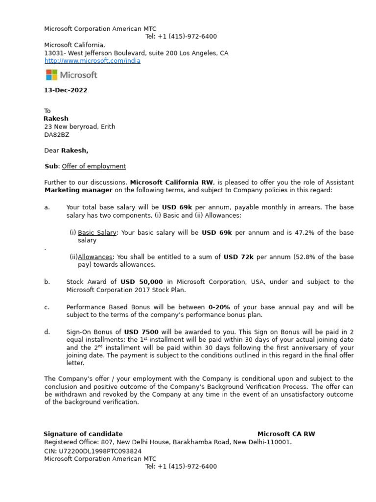 Rakesh Microsoft Offer Letter | PDF | Salary | Economies