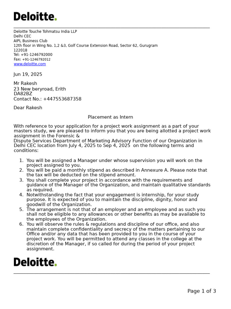 Rakesh Internship Deloitte Offer Letter | PDF