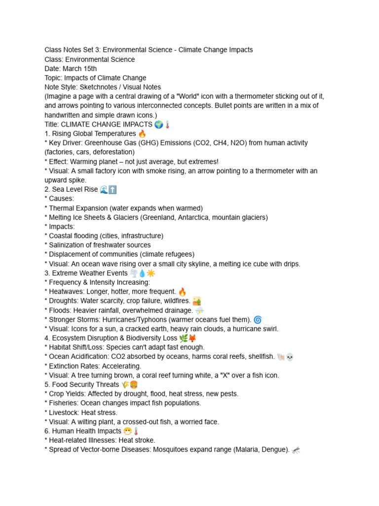 Class Notes Set 3 - Environmental Science - Climate Change Impacts ...