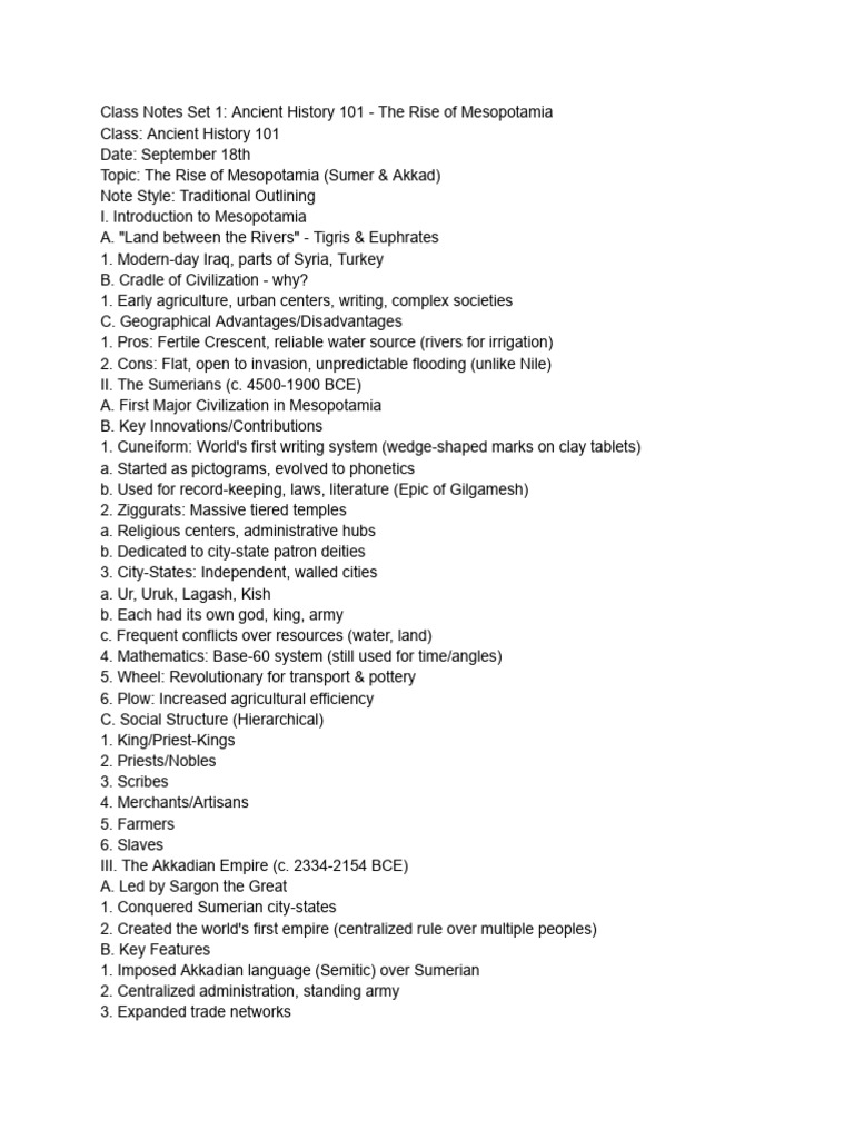 Class Notes Set 1 - Ancient History 101 - The Rise of Mesopotamia | PDF
