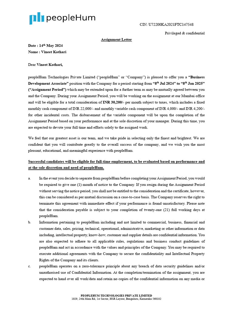 PeopleHum Assignment Letter - Vineet Kothari | PDF | Identity Document