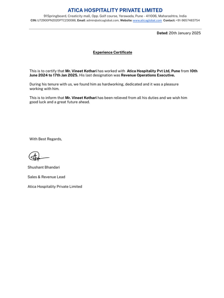 Vineet Kothari - Experience Letter | PDF