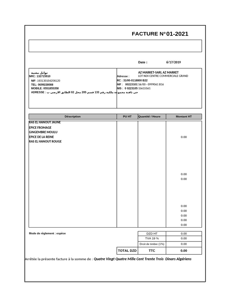 Facture Non Assujettie TVA - 84330 DZD | PDF | Services (Économie ...
