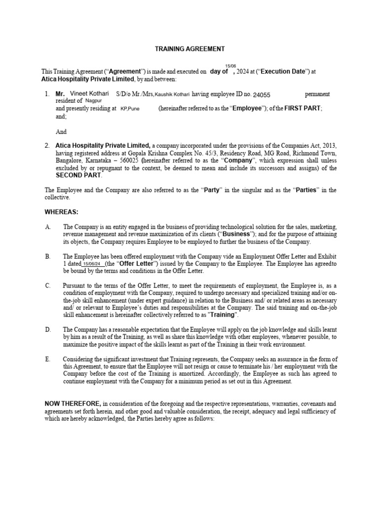 Atica Global - Training Agreement - (Vineet Kotharil) | PDF ...