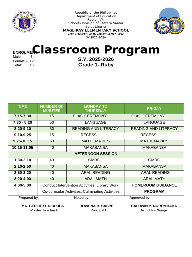 Grade 1 Aral Program Schedule 2025-2026 | PDF