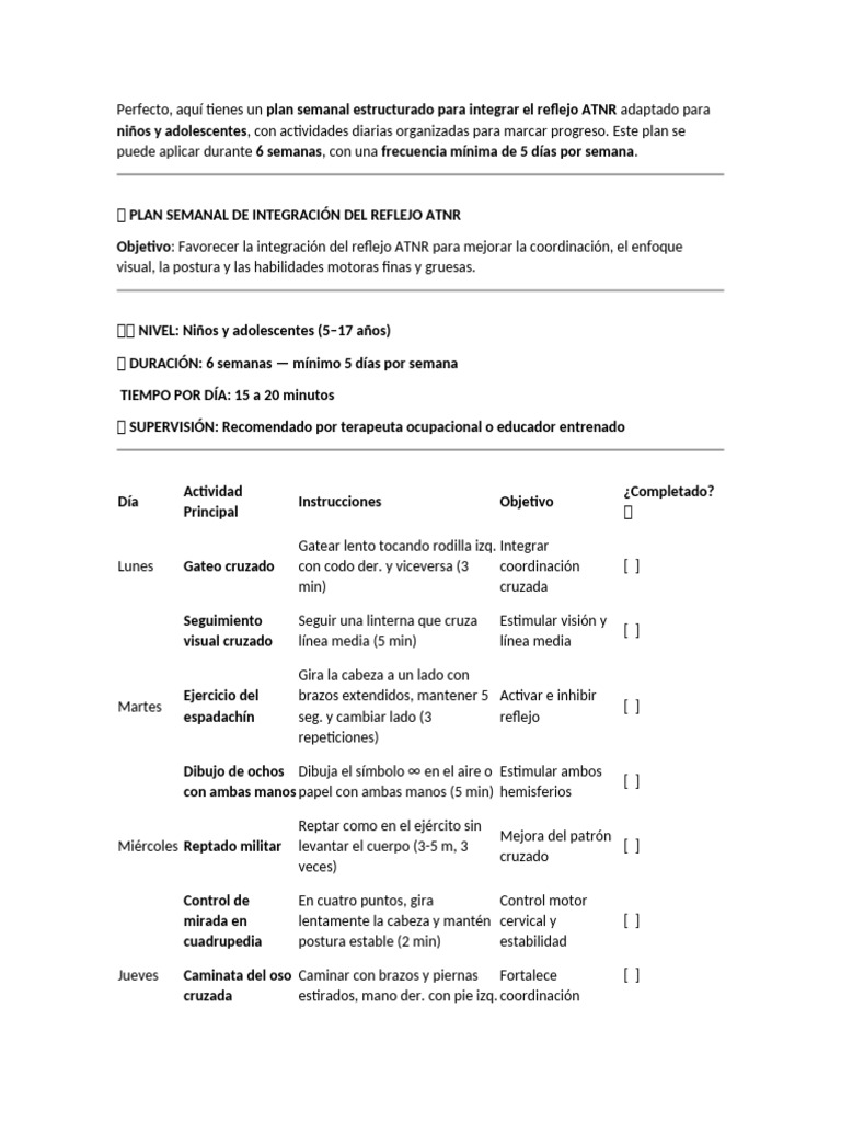 Plan de Reflejo ATNR | PDF