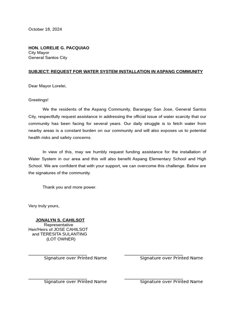 Request Letter For Water System | PDF