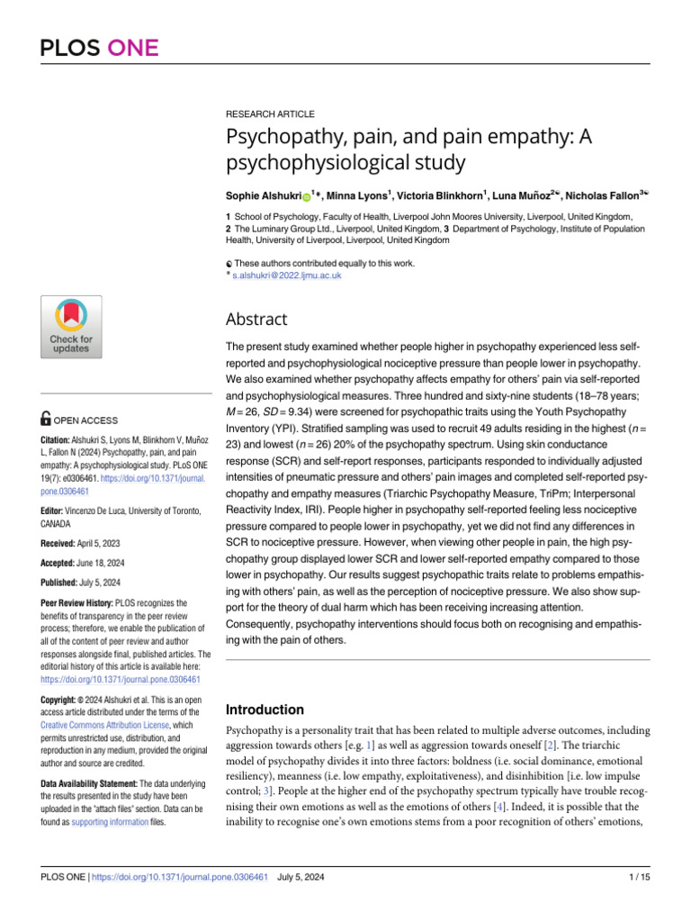 Psychopathy Pain and Pain Empathy A Psychophysiolo | PDF | Empathy ...