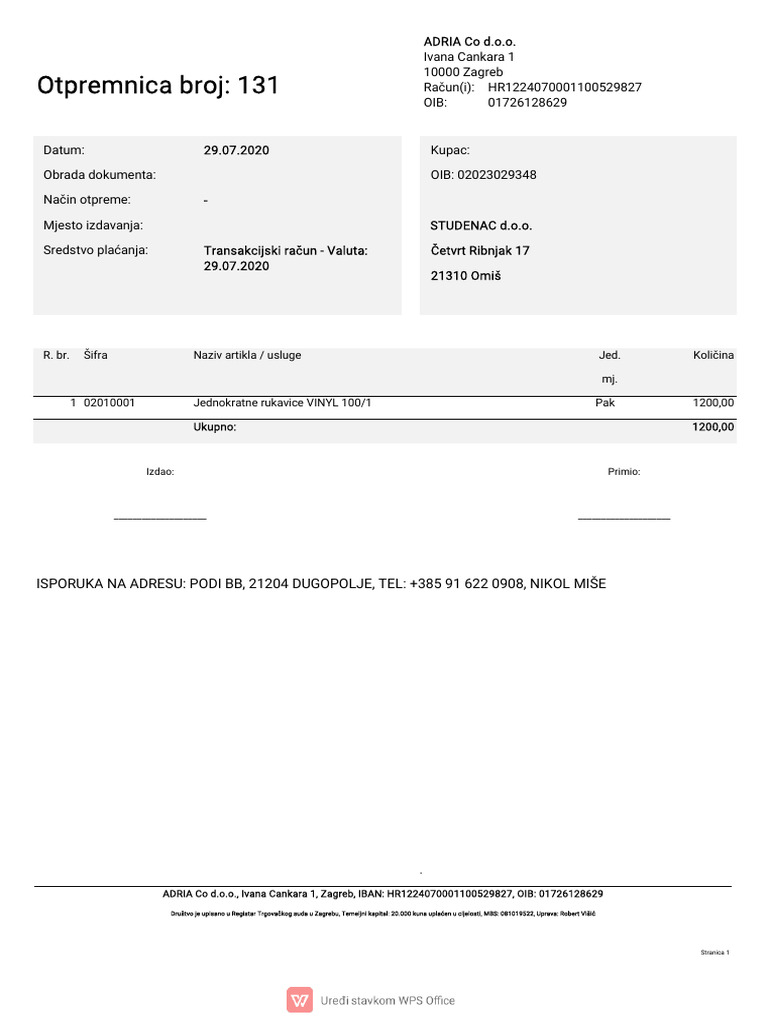 Otpremnica Bez Cijene | PDF