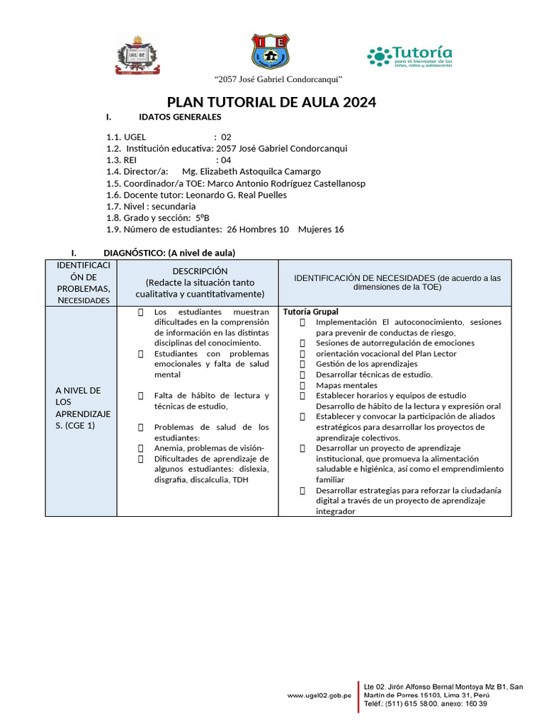 Plan Tutorial de Aula 2024 (5°) | PDF | Salón de clases | Desarrollo ...