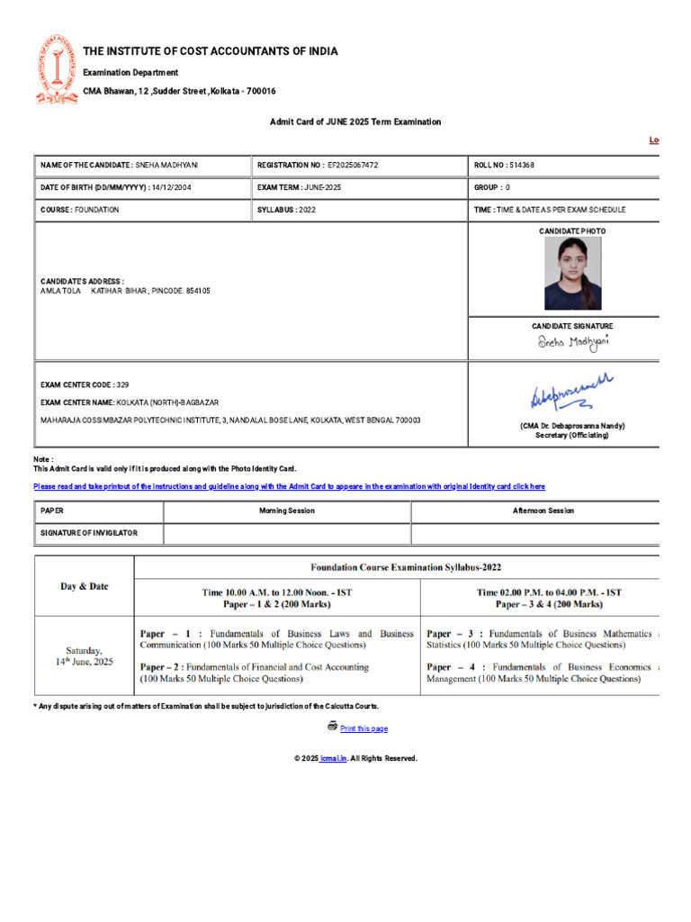 Admit Card of JUNE 2025 Term Examination | PDF