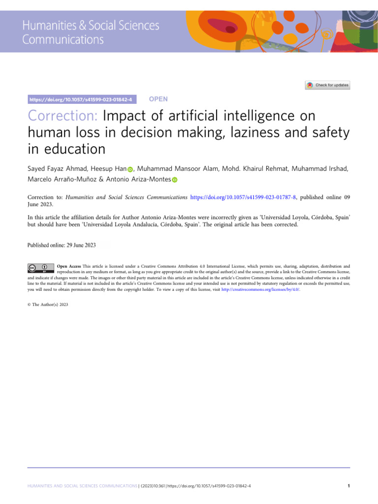 Correction:: Impact of Arti Cial Intelligence On Human Loss in Decision Making, Laziness and ...