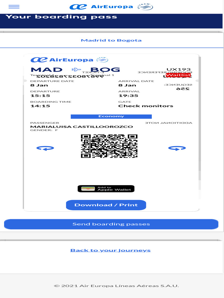 Air Europa UX193 Boarding Pass | PDF