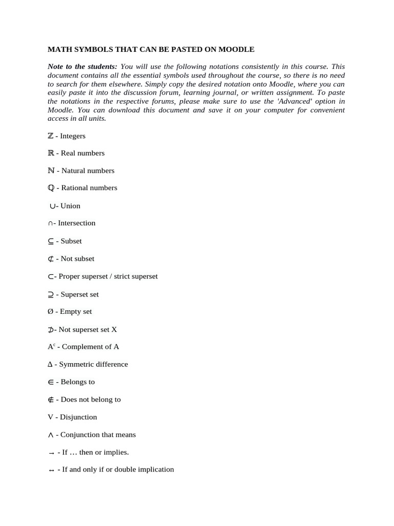 Math Symbols That Can Be Pasted On Moodle | PDF