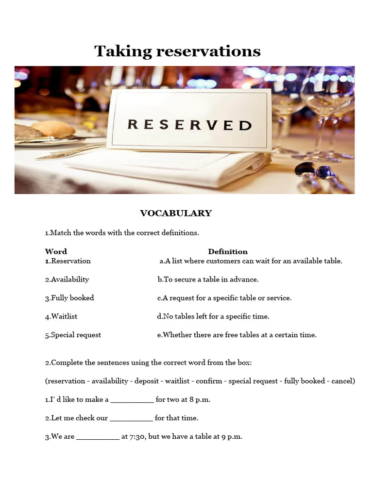 Taking Reservations VOCABULARY | PDF