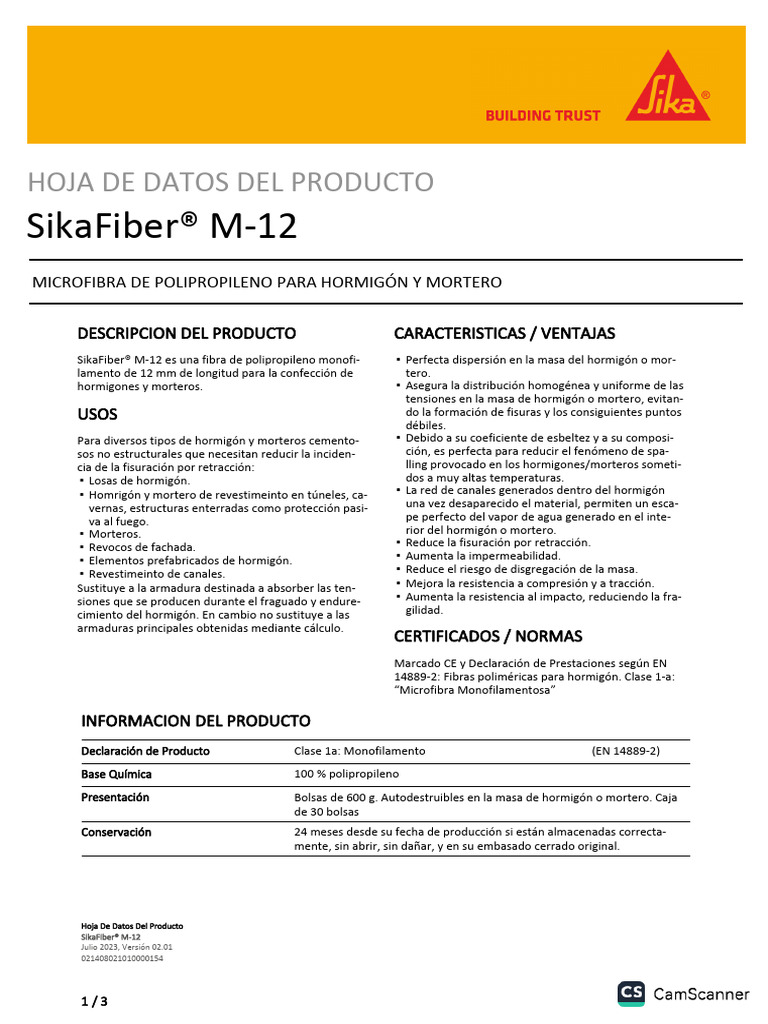 Sikafiber M 12 | PDF | Hormigón | Mortero (Albañilería)