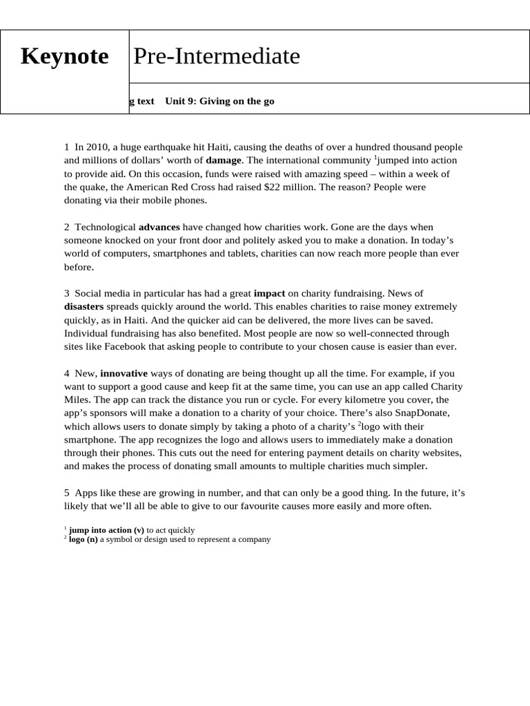 Keynote Pre-Intermediate - Unit 9 - Reading p99 | PDF