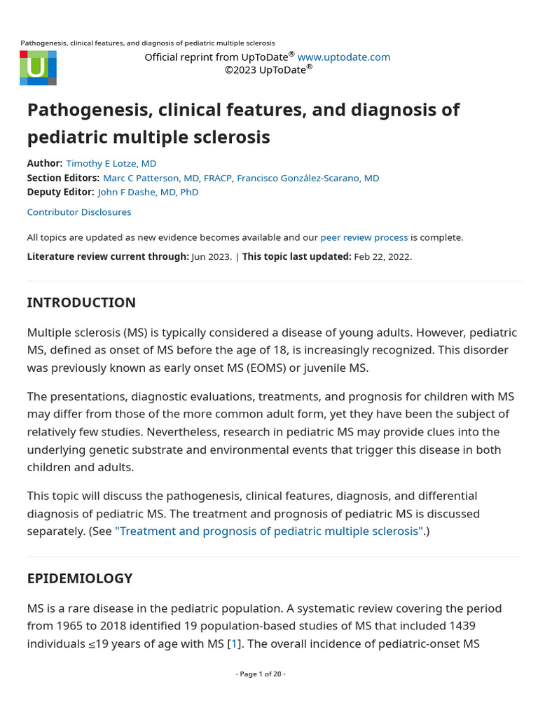 Pathogenesis, Clinical Features, and Diagnosis of Pediatric Multiple Sclerosis | PDF | Multiple ...
