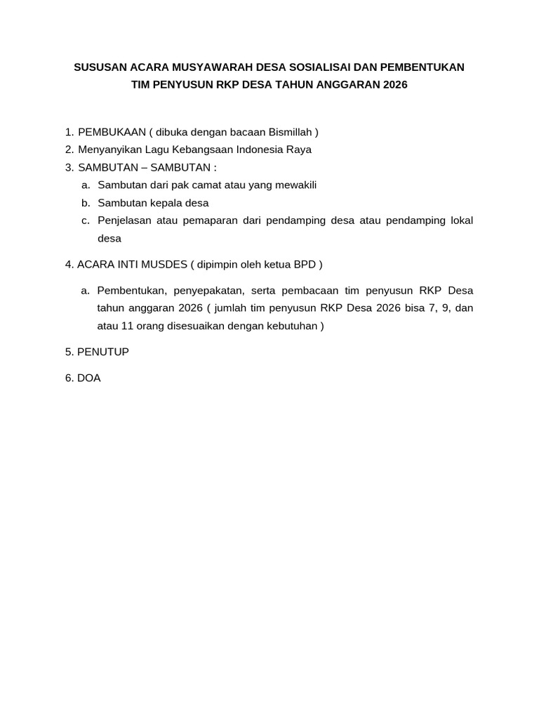 Susunan Acara Musdes RKP Desa 2026 | PDF
