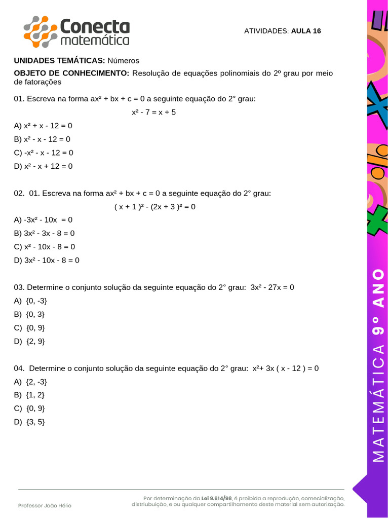 ATIVIDADE 17 Equacao Do 2deg Grau Situacao Problema | PDF