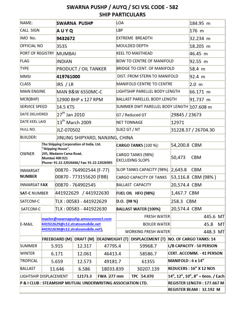 Swarna Pushp Vessel Specifications | PDF | Shipping | Ships