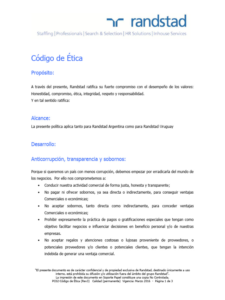 pc02 Codigo de Etica Randstad Rev3 | PDF | Corrupción política | Sustentabilidad