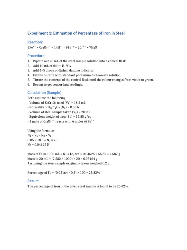 Iron Estimation in Steel by Titration | PDF