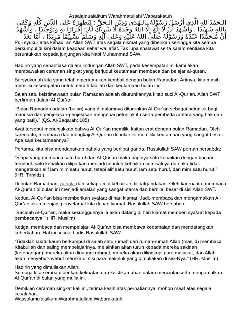 Keutamaan Membaca Dan Belajar Al-Quran. Syifa | PDF