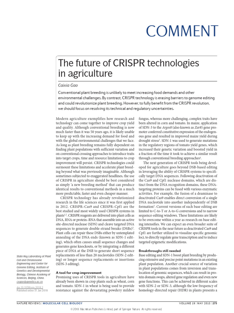 The Future of CRISPR Technologies in Agriculture | PDF | Crispr | Plant ...