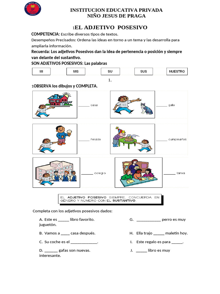 Adjetivos Posesivos: Ejercicios y Actividades | PDF
