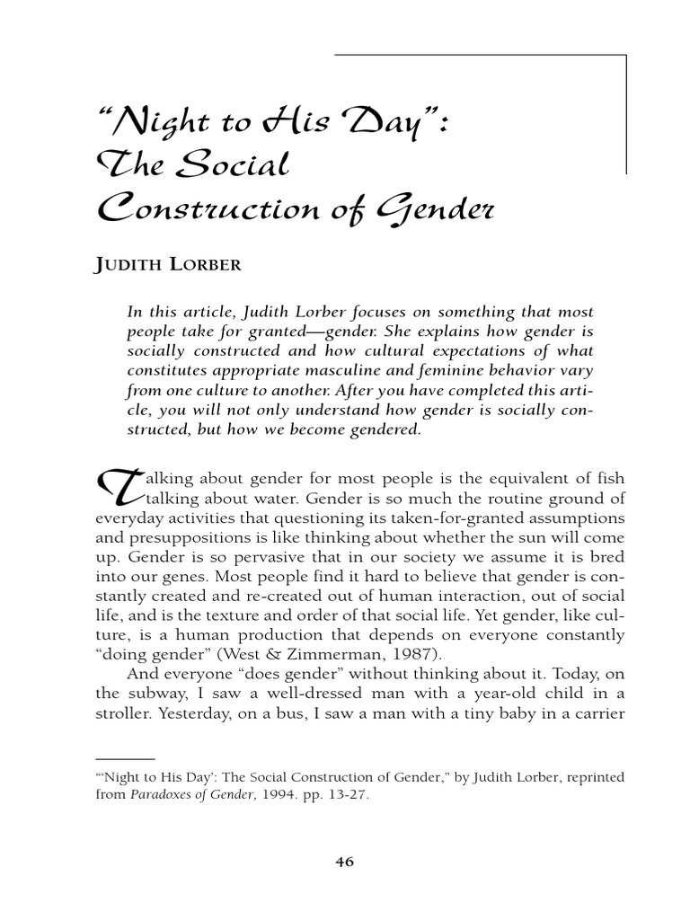 Reading 09 - Lorber, Judith - Night To His Day The Social Construction of Gender (1994) | PDF ...