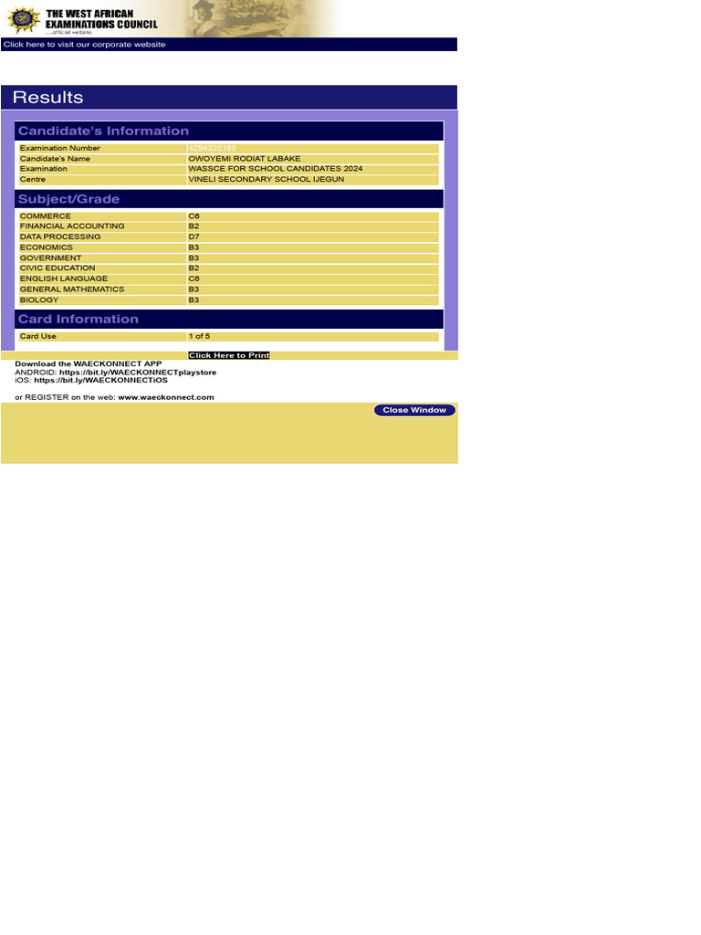 Waecdirect Online - Results | PDF